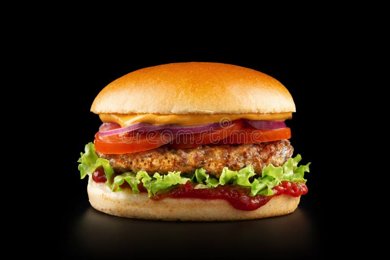 Burger on black background stock photo. Image of food - 185048048