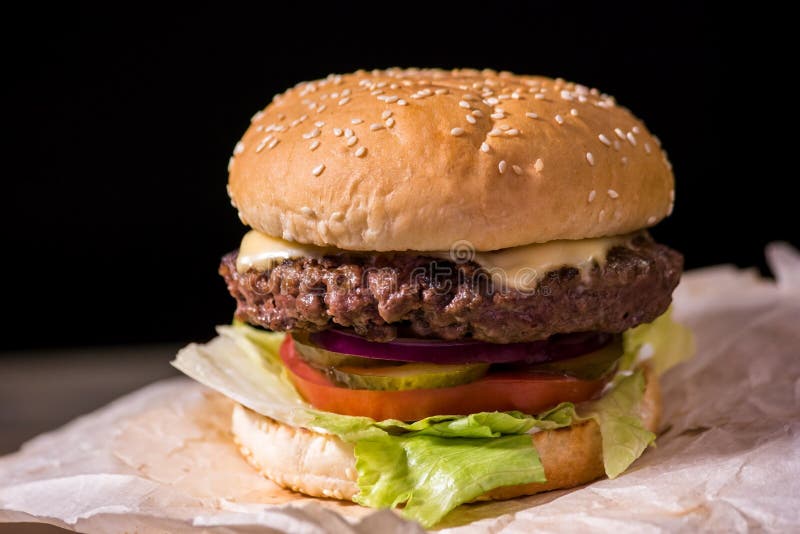 Burger on Black Background. Stock Photo - Image of food, black: 85107064