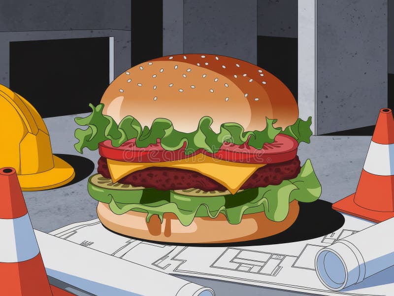 Burger Blueprint: Animated Cheeseburger in Construction-themed Setting ...
