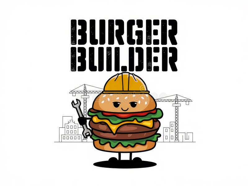 Burger Builder: Cute Drawn Construction Hamburger with Hard Hat and Toolbox Stock Illustration ...