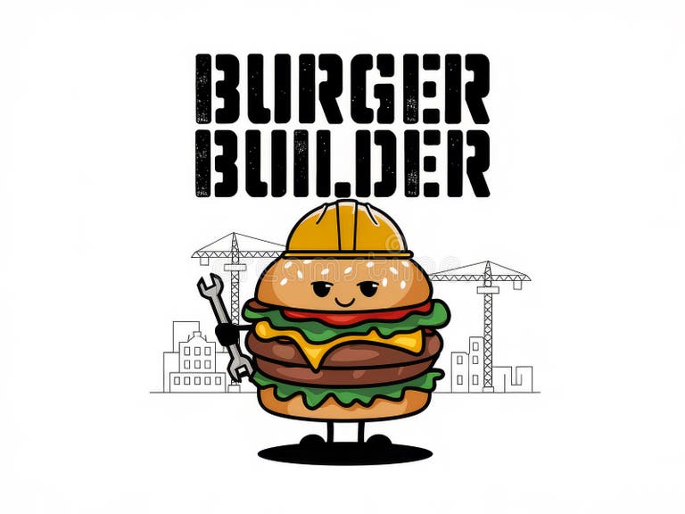 Burger Builder: Cute Drawn Construction Hamburger with Hard Hat and Toolbox Stock Illustration ...