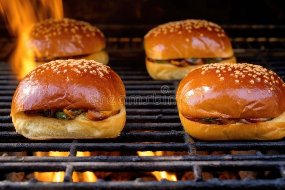 Burger Buns Toasting on the Grill, Side-by-side Stock Illustration ...