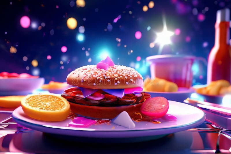 Burger with Cheese and Vegetables on a Table in the Night. Stock ...