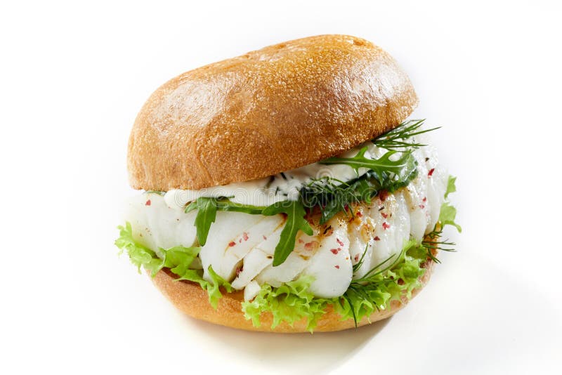 Burger with Cod Fish Against White Background Stock Image - Image of ...