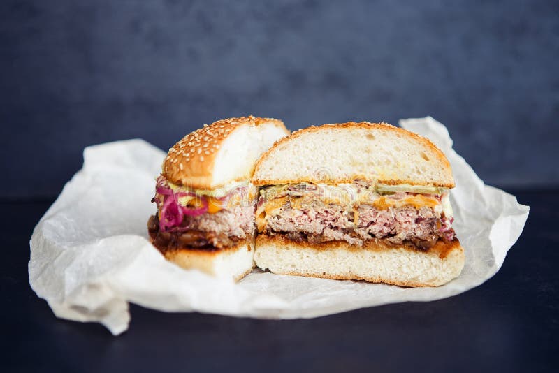 Cut burger stock image. Image of hamburger, meal, colorful - 60719023