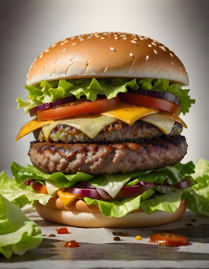 Burger, Displaying a Fully-Loaded Burger with Multiple Layers ...