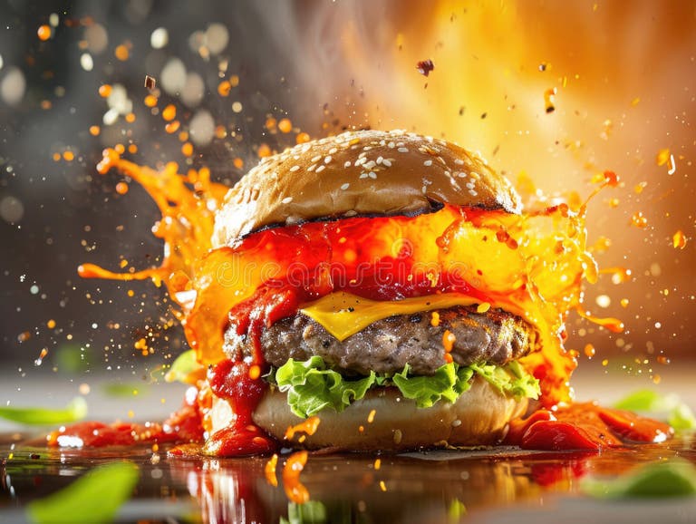 Burger with Dynamic Sauce Splash and Flying Ingredients on Dark ...