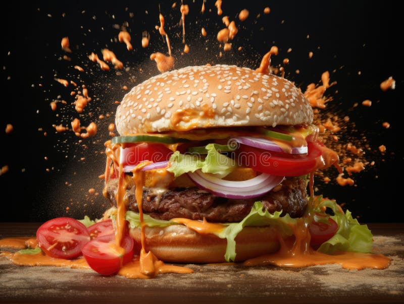 Burger with Dynamic Sauce Splash and Flying Ingredients on Dark ...