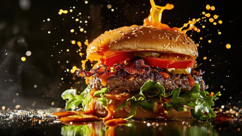 Burger with Dynamic Sauce Splash and Flying Ingredients on Dark ...