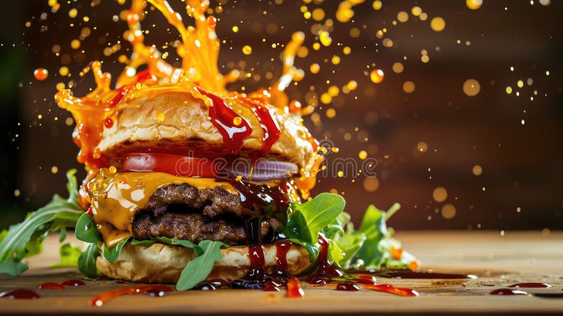 Burger with Dynamic Sauce Splash and Flying Ingredients on Dark ...