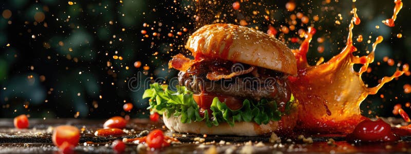 Burger with Dynamic Sauce Splash and Flying Ingredients on Dark ...