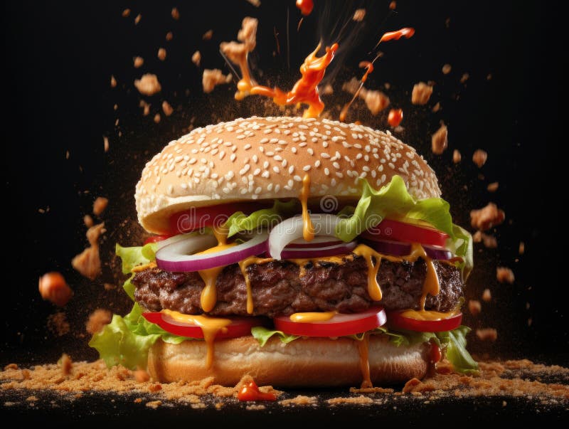 Burger with Dynamic Sauce Splash and Flying Ingredients on Dark ...