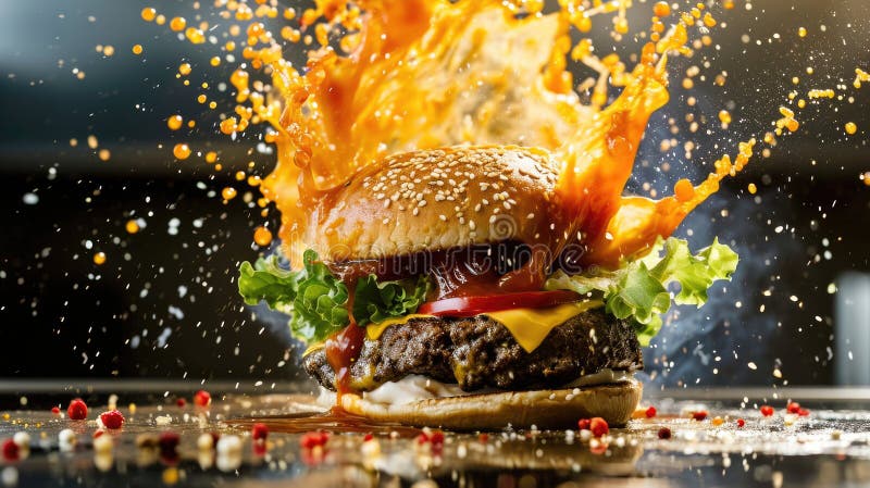 Burger with Dynamic Sauce Splash and Flying Ingredients on Dark ...