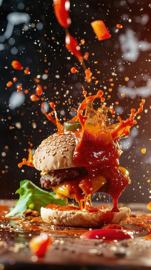 Burger with Dynamic Sauce Splash and Flying Ingredients on Dark ...