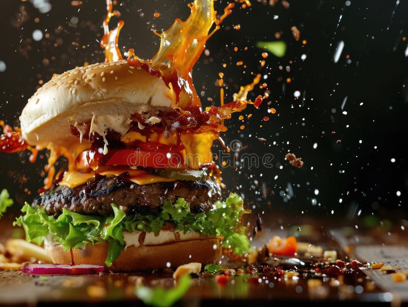 Burger with Dynamic Sauce Splash and Flying Ingredients on Dark ...