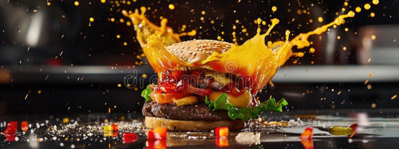 Burger with Dynamic Sauce Splash and Flying Ingredients on Dark ...