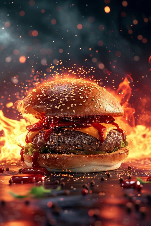 Burger on Fire with Another Burning Burger in Background Stock ...