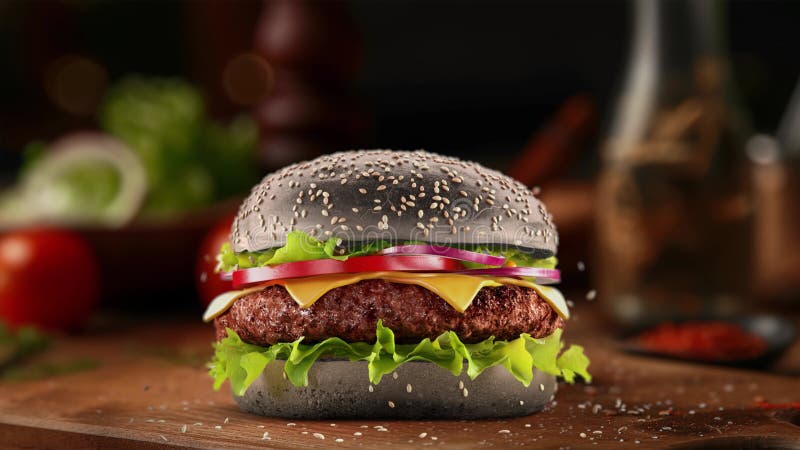 Burger Falling Beef, Bun, Vegetables Slow Motion, Depth of Field Stock ...