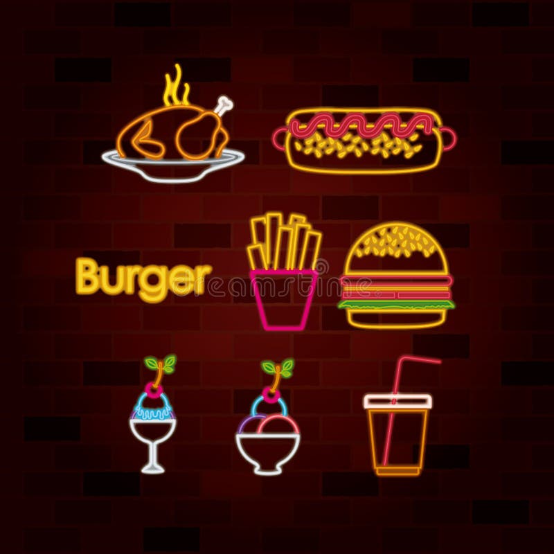 Burger and Fast Food Set of Neon Sign on Brick Wall Stock Vector ...