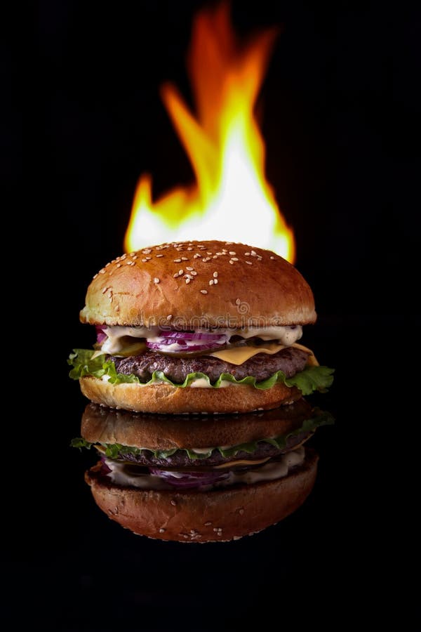 Burger with Fire on a Black Background for the Site10 Stock Image ...