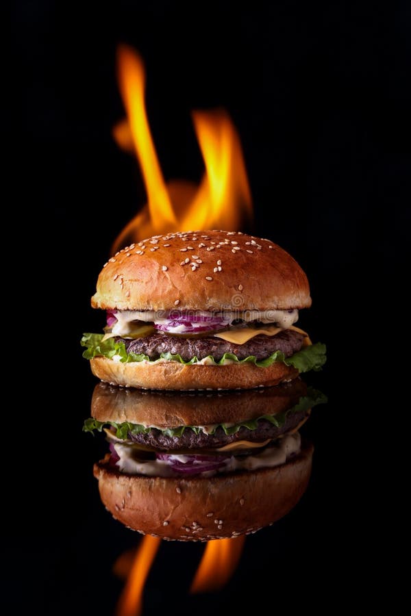 Burger with Fire on a Black Background for the Site7 Stock Image ...