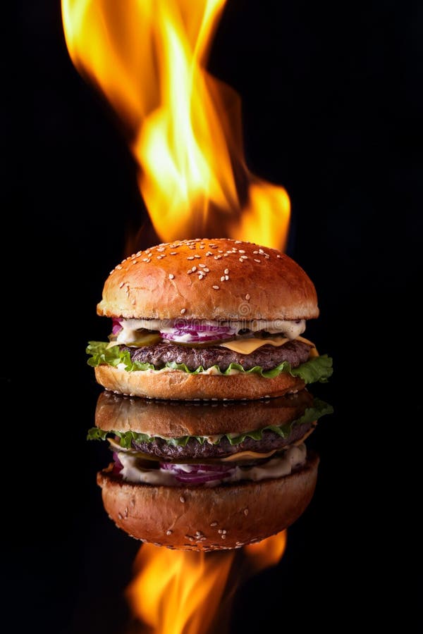Burger with Fire on a Black Background for the Site10 Stock Image ...