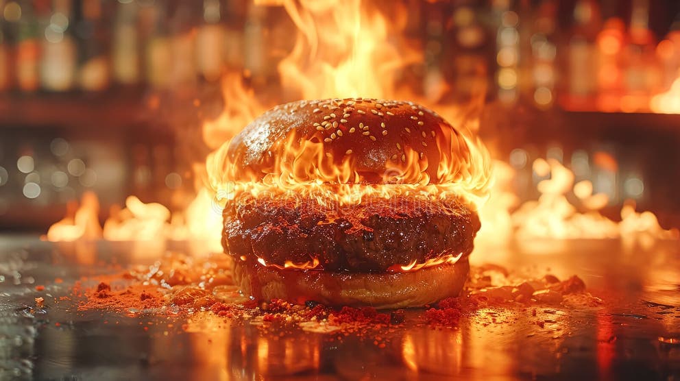 A Burger is on Fire and is Surrounded by a Bunch of Condiments Stock ...