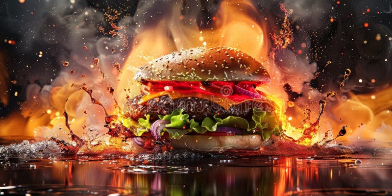 Burger is on Fire and is Surrounded by Water Stock Photo - Image of ...