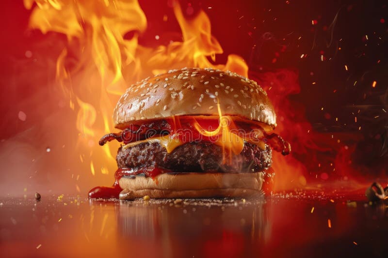 A Burger with a Flame on it Stock Image - Image of fastfood, hamburger ...