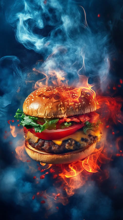 Burger with Flames and Smoke, Dramatic Food Photography Concept Stock ...