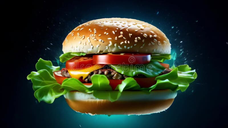 The Burger Flies and Rotates 360 Degrees on a Black Background. Stock ...