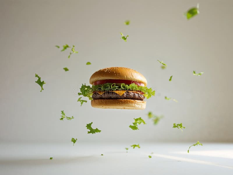 Burger in Flight with Layers Flying Apart and Slow Motion Effect. Stock ...