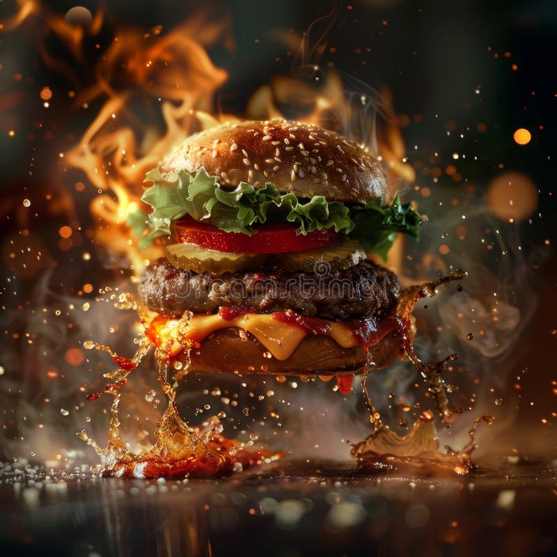 Burger Floating in the Air with Fire Flames Stock Illustration ...