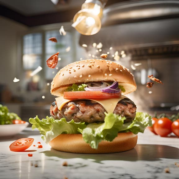 Burger with Flying Elements Delicious Burger with Flying Stock Image ...