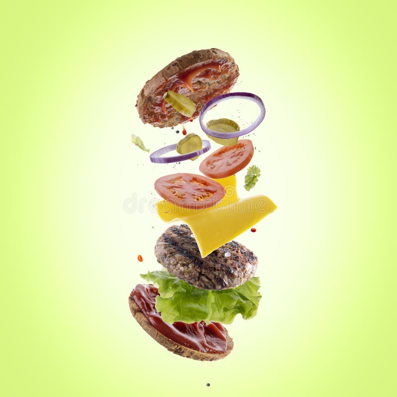 Burger with Flying Elements. Delicious Burger with Flying Ingredients ...