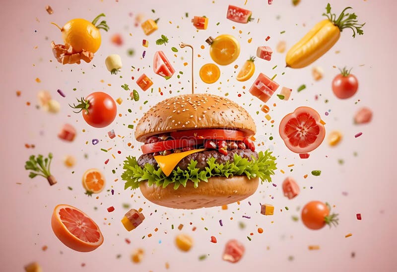 Burger with Flying Vegetables and Fruit Ingredients on Light Background ...