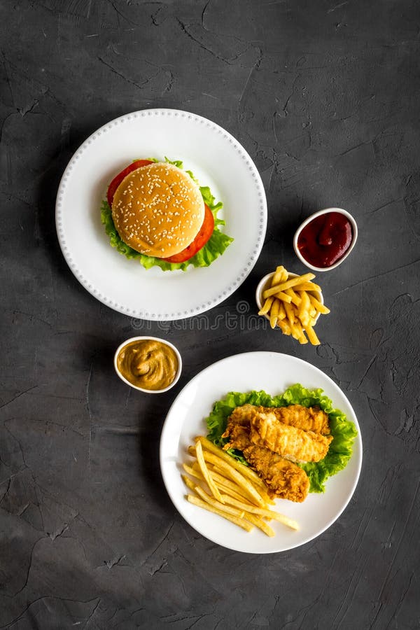 Burger and French Fries with French Fries and Fried Chicken, Overhead ...