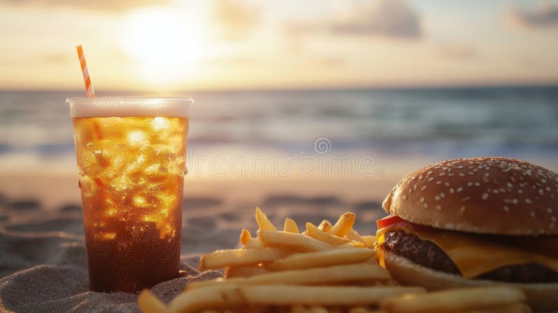 Burger, Fries and Drink on the Beach Stock Photo - Image of carefree ...