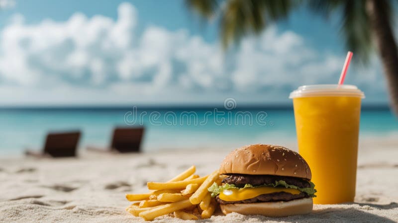 Burger, Fries and Drink on the Beach Stock Image - Image of travel ...