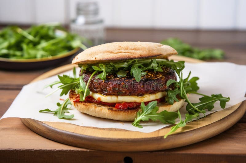 Burger with Grilled Halloumi Cheese, Rocket Salad and Sun-dried ...