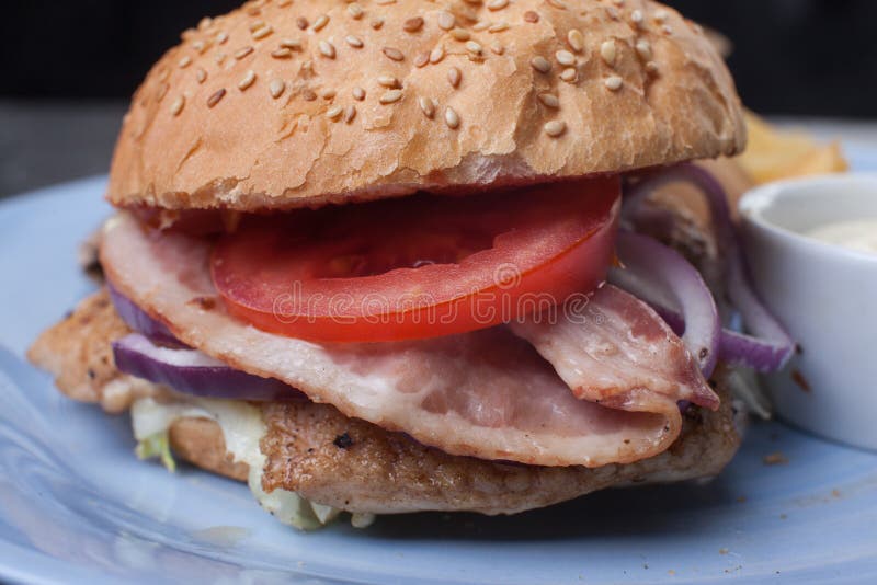 Burger with ham and tomato stock photo. Image of color - 85295414