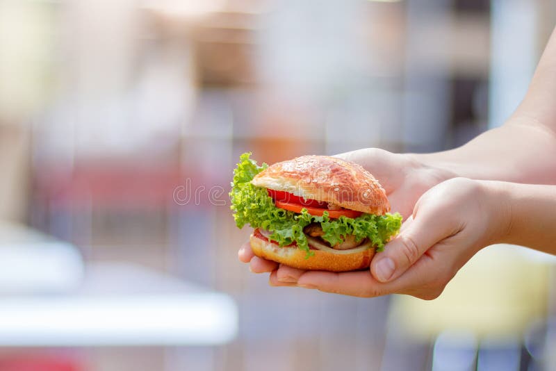 Burger in the hand . stock image. Image of closeup, cuisine - 96045989