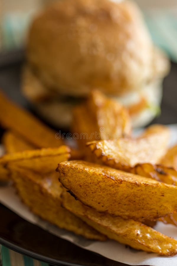 Burger and Hand Cut Fries on a Plate. Stock Photo - Image of field ...