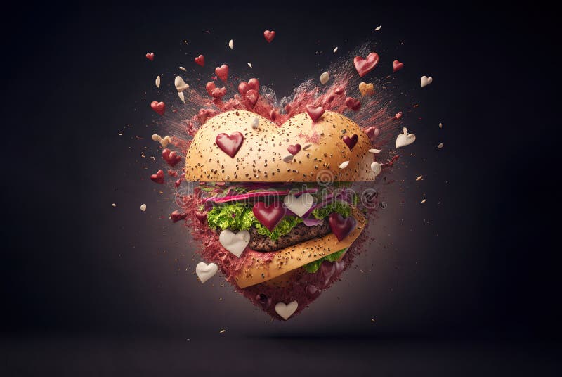 Burger in Heart Shape with Little Hearts Exploding, Generative Ai Stock ...