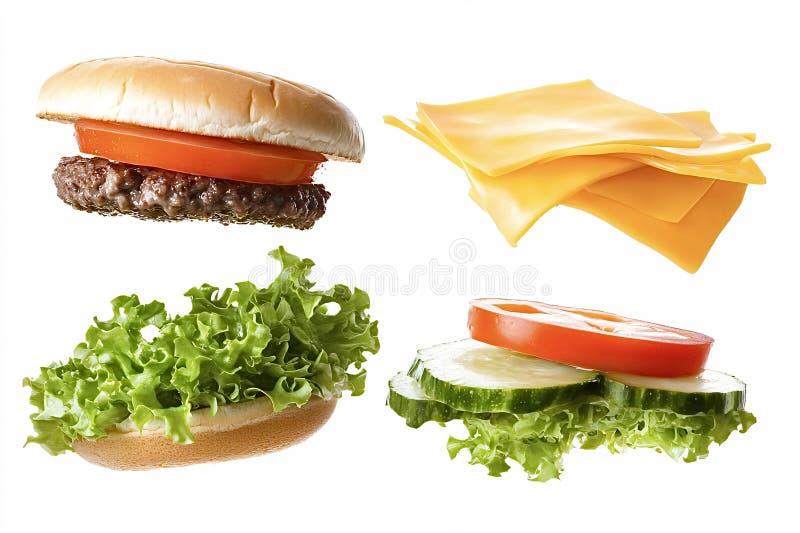 Burger Ingredients Floating, Exploded View of Cheeseburger Stock Image ...