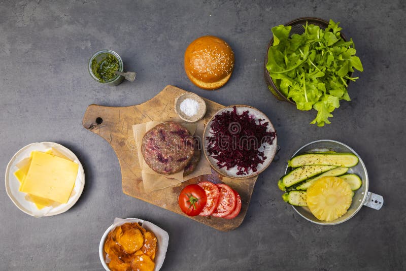 Burger Ingredients Laid Out on Kitchen Bench Stock Image - Image of ...