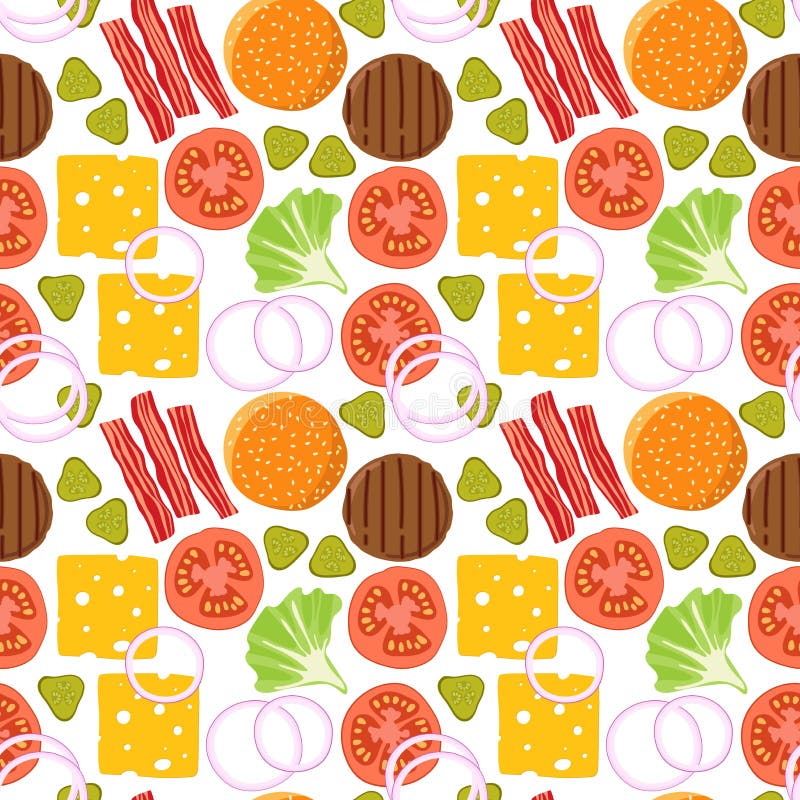 Burger Ingredients Seamless Pattern. Cartoon Hamburger Recipe Repeating ...