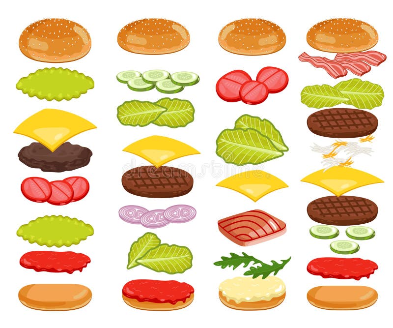 Burger Ingredients Set on White Background Stock Vector - Illustration ...