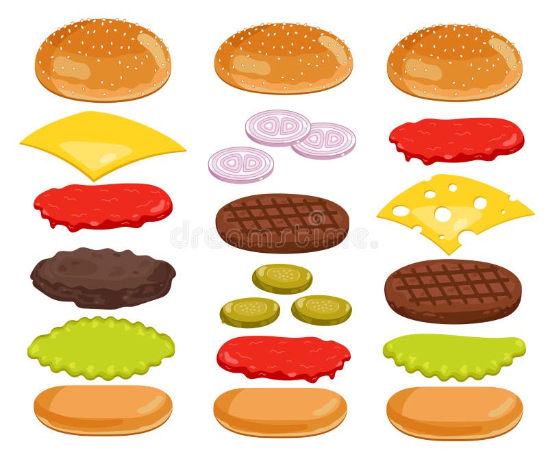 Burger Ingredients Set on White Background Stock Vector - Illustration ...