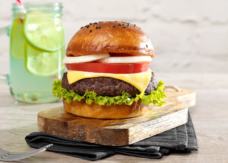 Burger and lemonade stock photo. Image of food, fries - 113658066